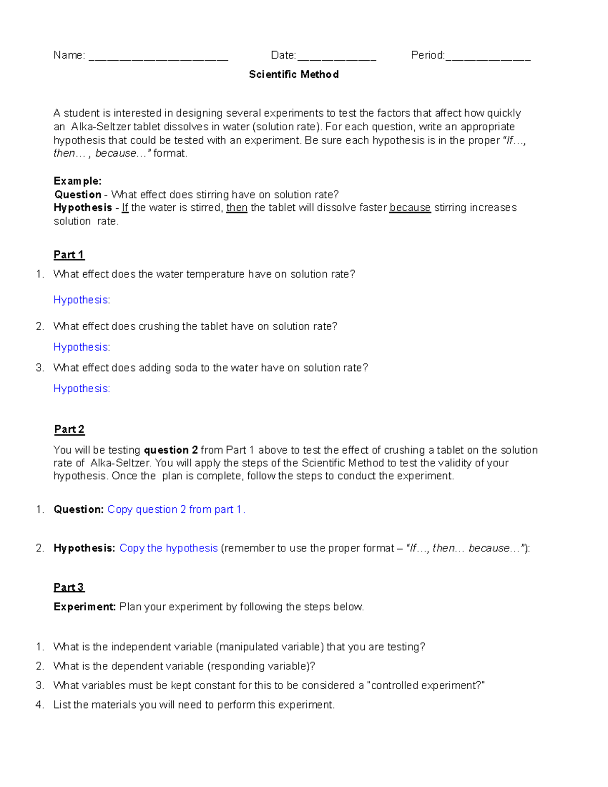 Alka Seltzer Lab: Testing the Scientific Method with Experiments - Studocu