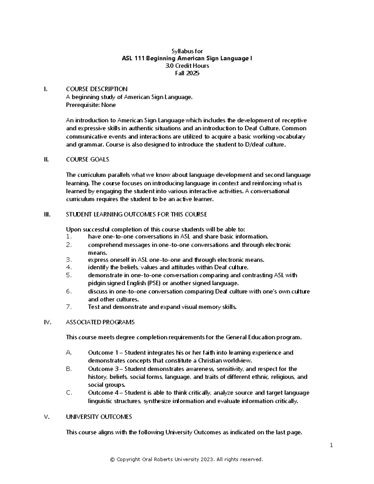 Syllabus for ASL 101: Beginning American Sign Language I - Fall 2025 ...