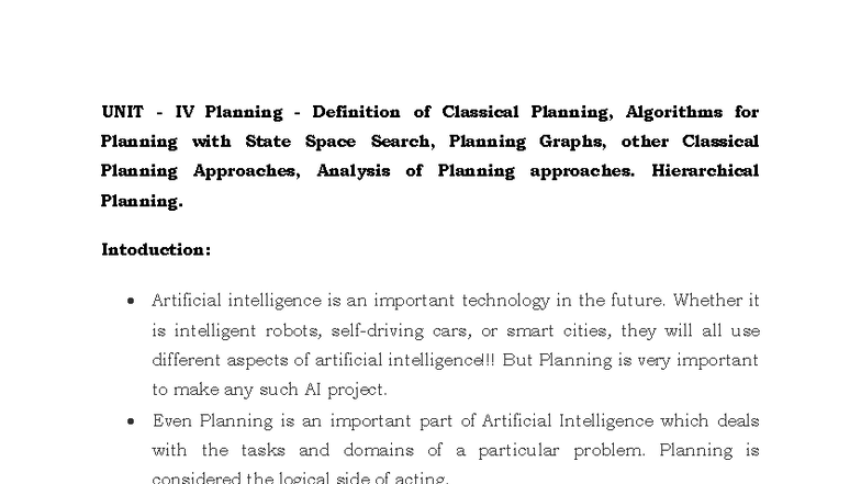 UNIT 4 F 27-7 - Classical Planning in AI: Concepts & Algorithms - Studocu