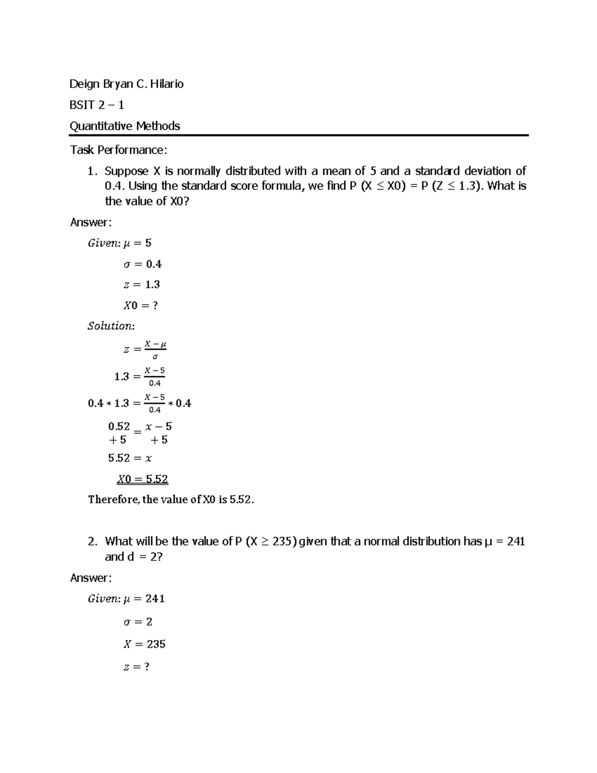 Quantitative Methods - BSIT 2-1 Task Performance 1 Solutions - Studocu