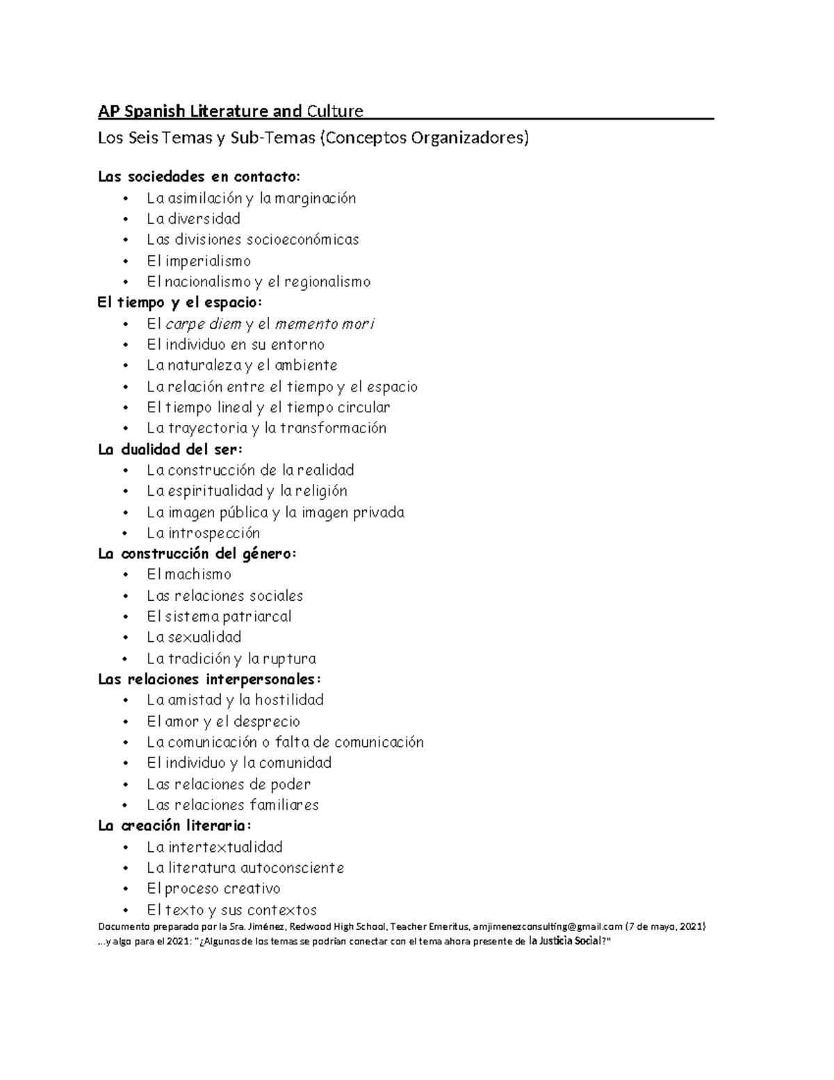 AP Spanish Literature: Los 6 Temas y Subtemas (Jiménez 2021) - Studocu
