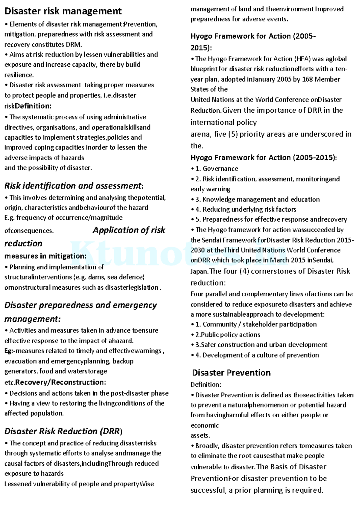 DM 3 Short Notes on Disaster Risk Management - Ktunotes - Studocu