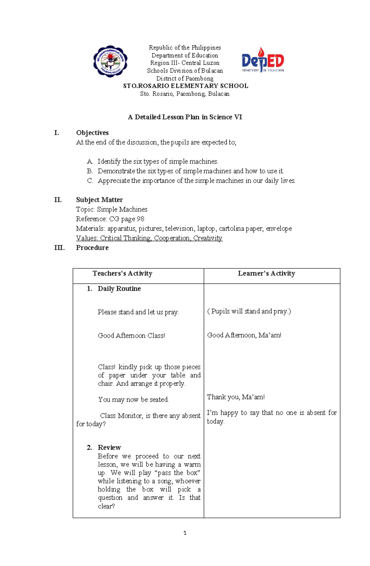 Detailed Lesson Plan in Science VI: Simple Machines - Studocu