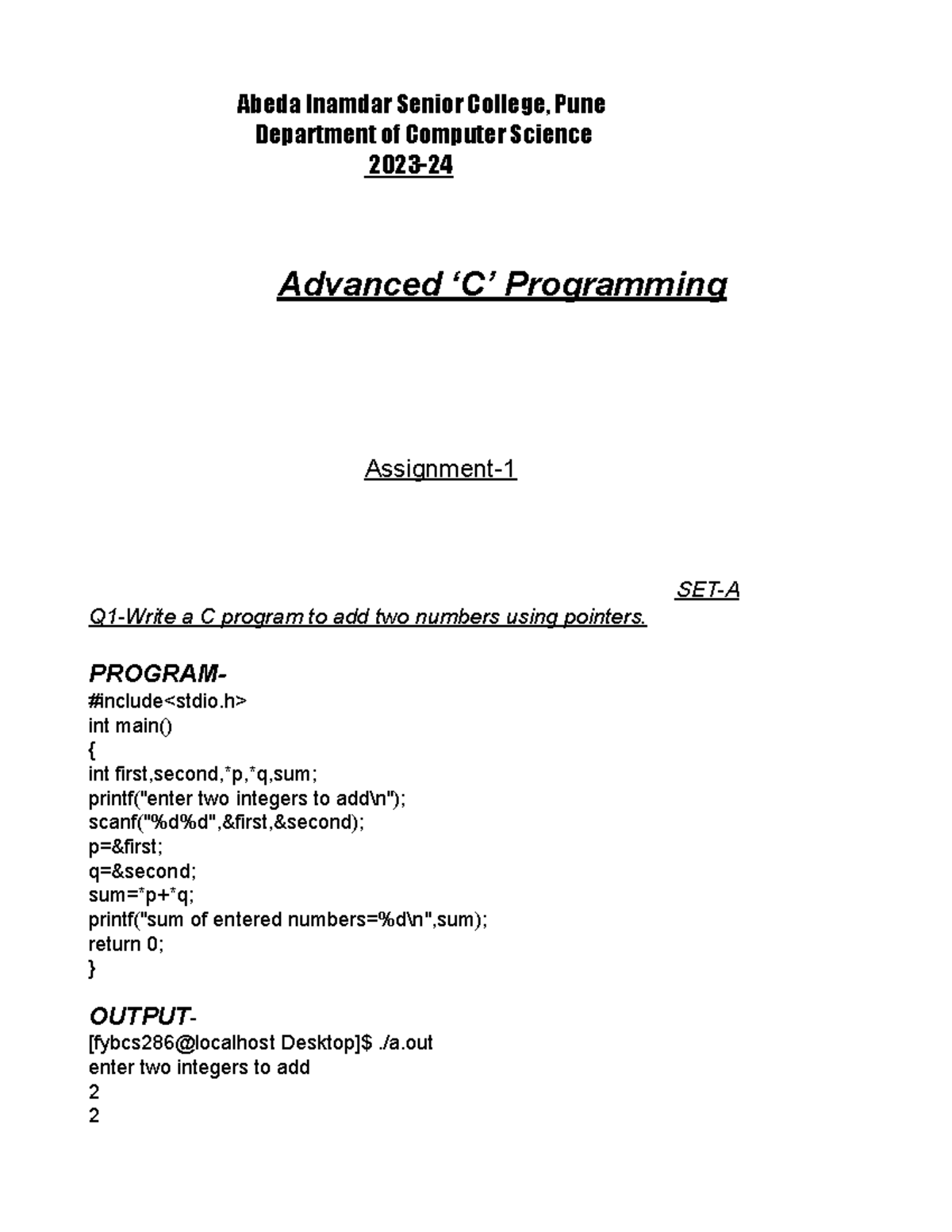 Advanced C Programming Assignment Set-A Solutions (FYBCS-286) - Studocu