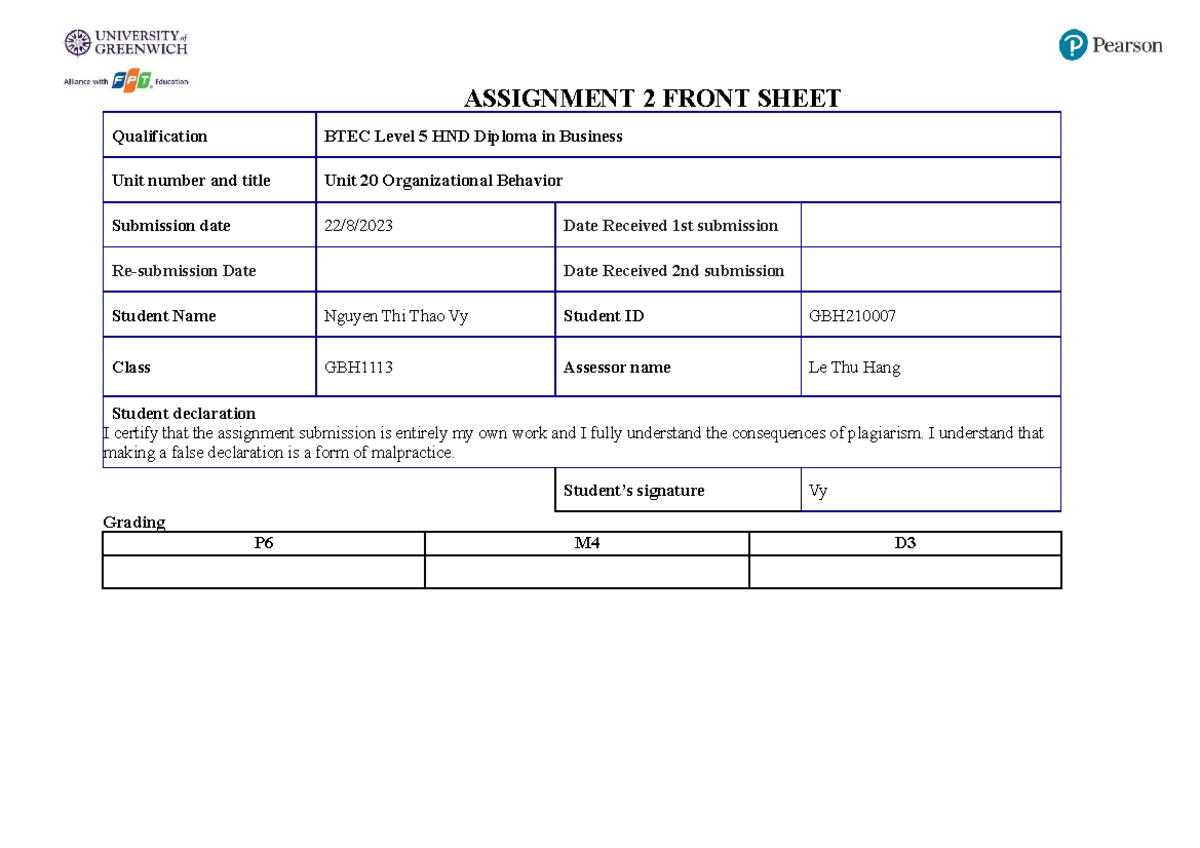 5064 - 5064 - ASSIGNMENT 2 FRONT SHEET Qualification BTEC Level 5 HND Diploma in Business Unit ...