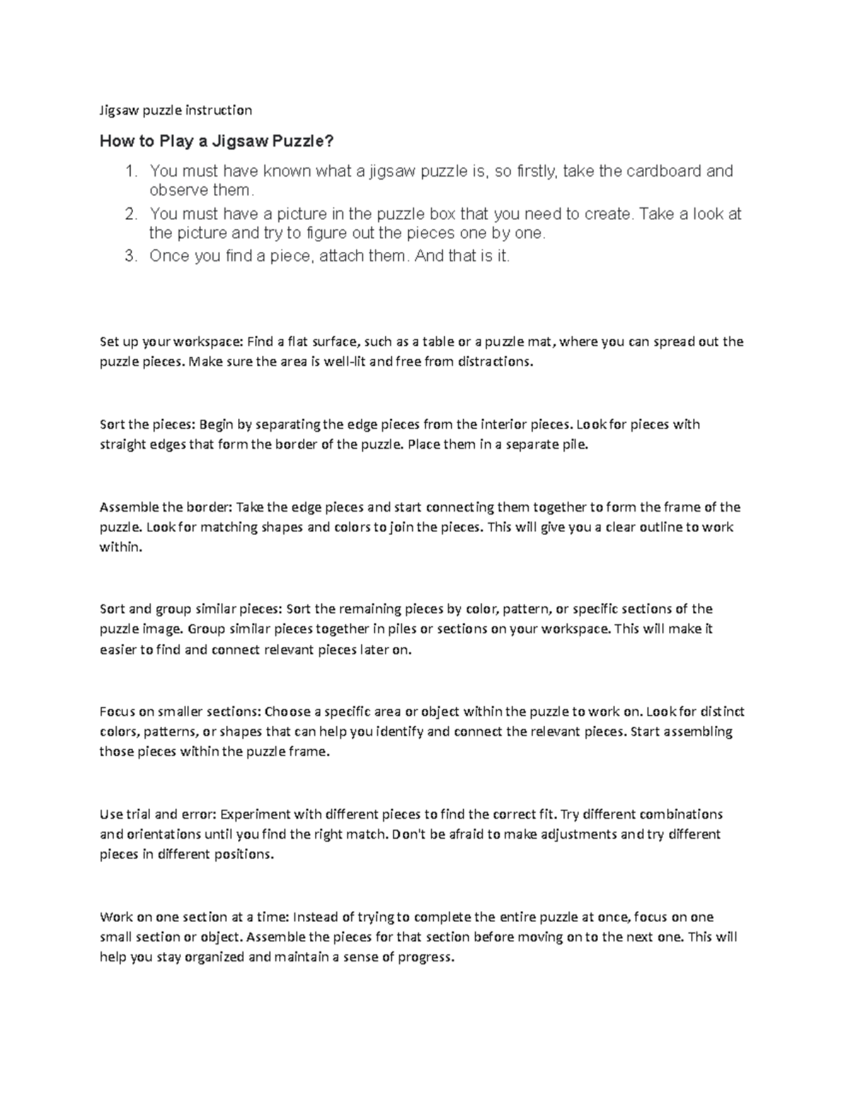 Jigsaw Puzzle Instructions: A Step-by-Step Guide to Solving - Studocu