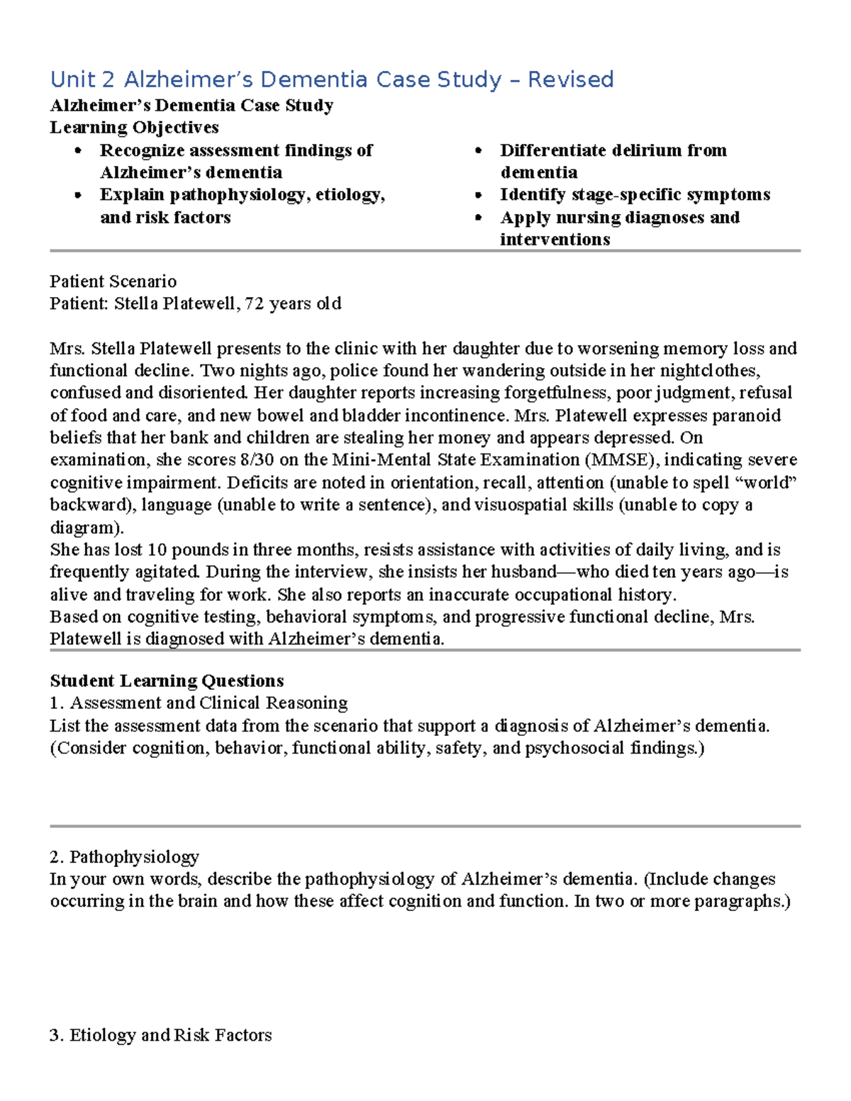 Unit 2 Dementia Case Study: Assessment, Diagnosis, and Interventions ...