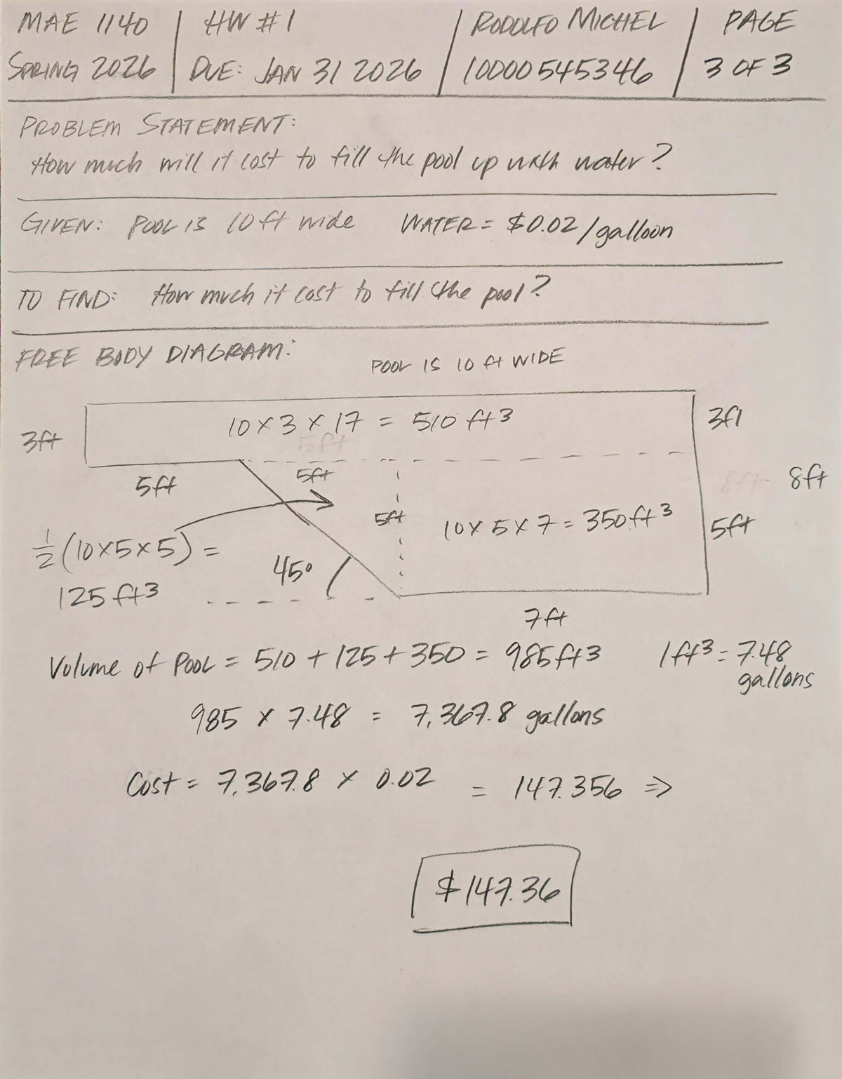 MAE 1140 Homework #2: Pool Water Cost Calculation - Studocu