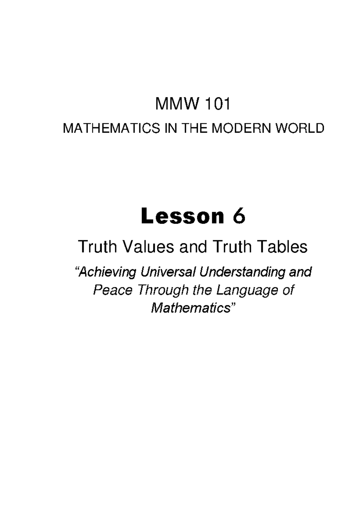 MMW 101 - Lesson 6: Understanding Truth Values and Truth Tables - Studocu