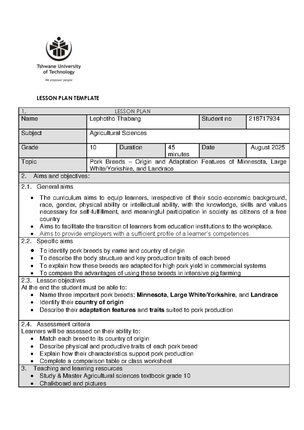 Agricultural Sciences Grade 10 Lesson Plan: Pig Breeds & Adaptation - Studocu