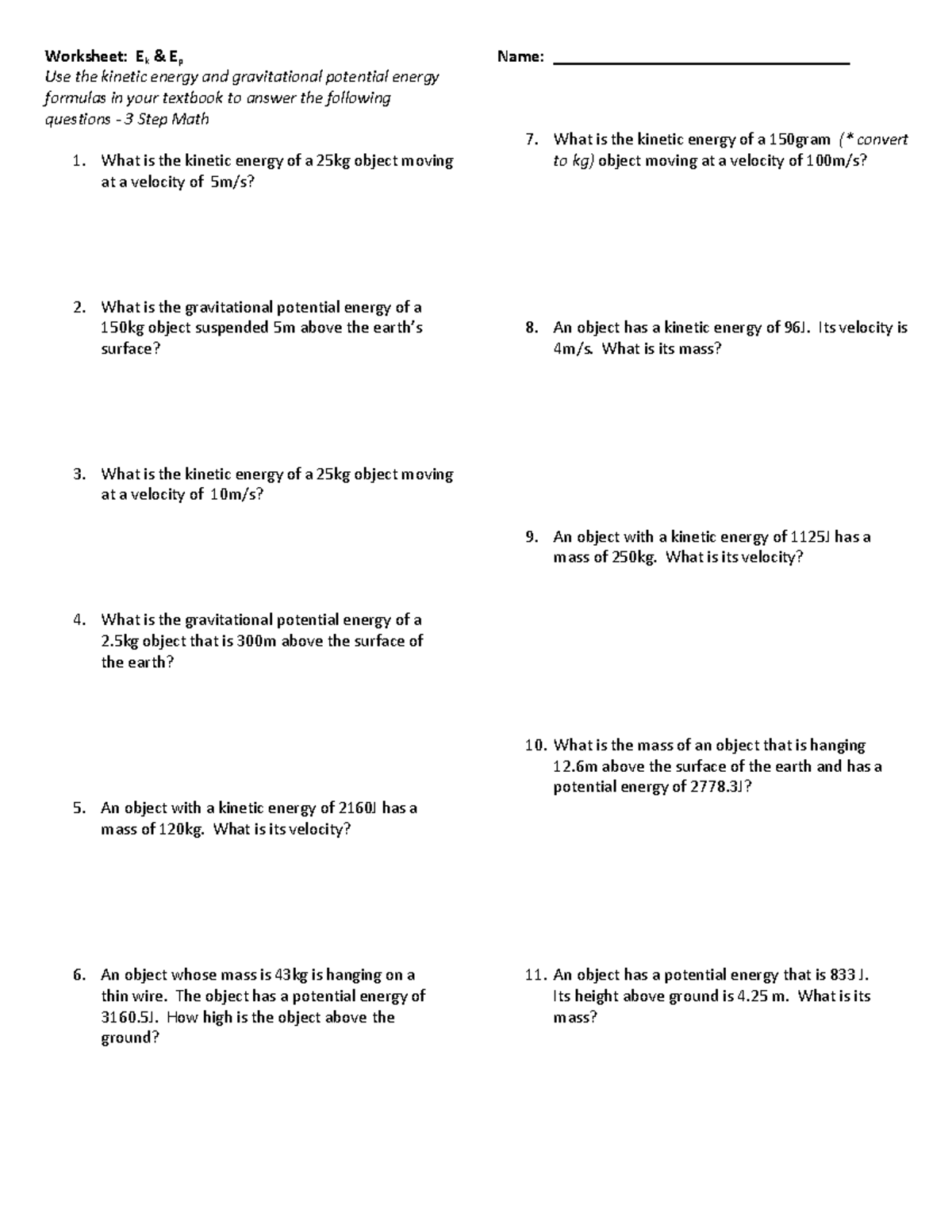 W03 - Worksheet on Kinetic and Gravitational Potential Energy ...