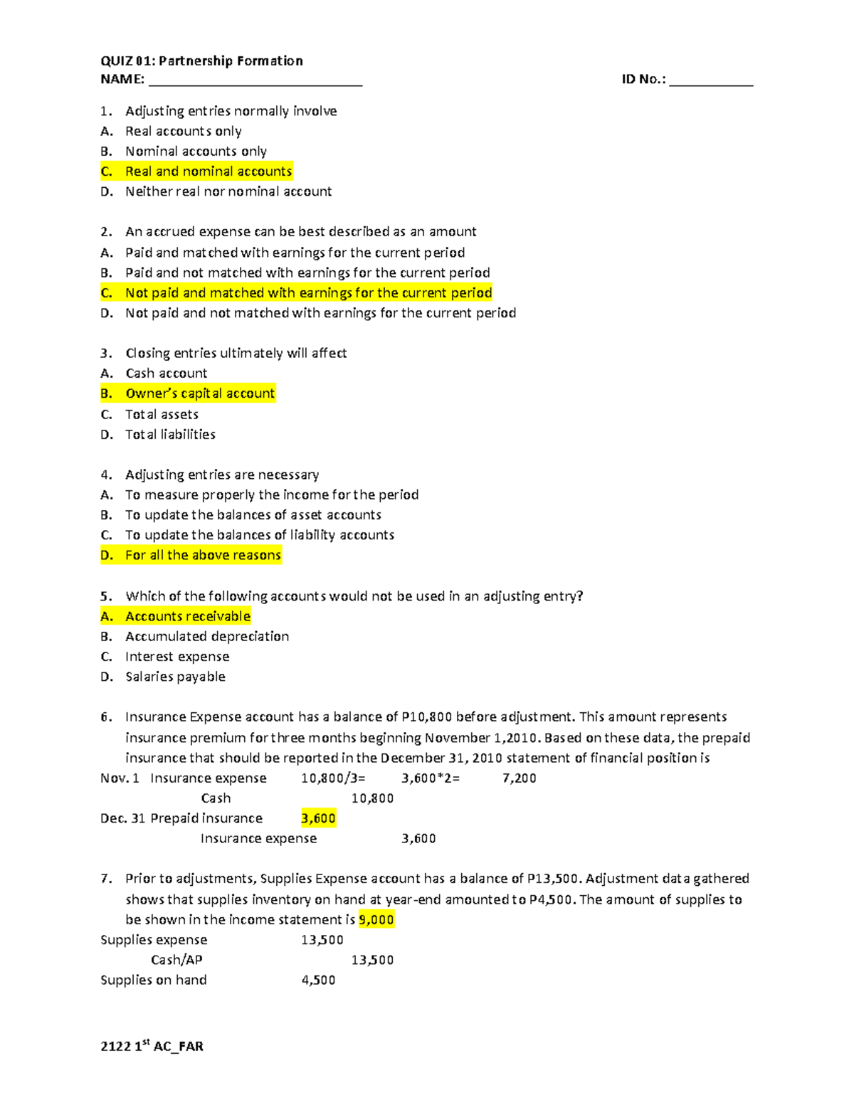 2122 AC FAR Quiz 01 with answers in Formation of partnership - QUIZ 01 ...