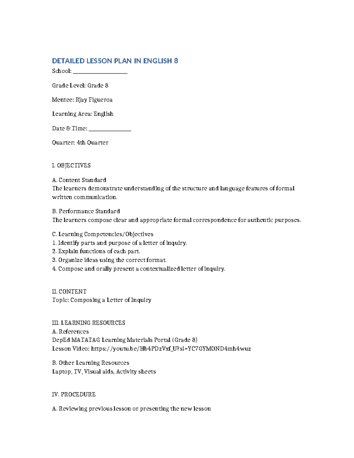 DLP: Composing a Letter of Inquiry - English 8 Lesson Plan - Studocu