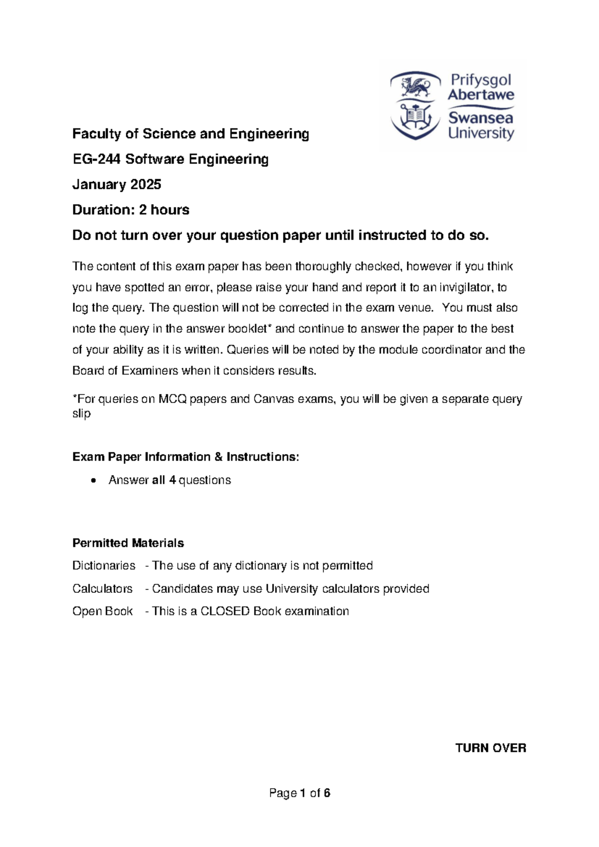 EG-244 Software Engineering Exam Paper January 2025 - Studocu