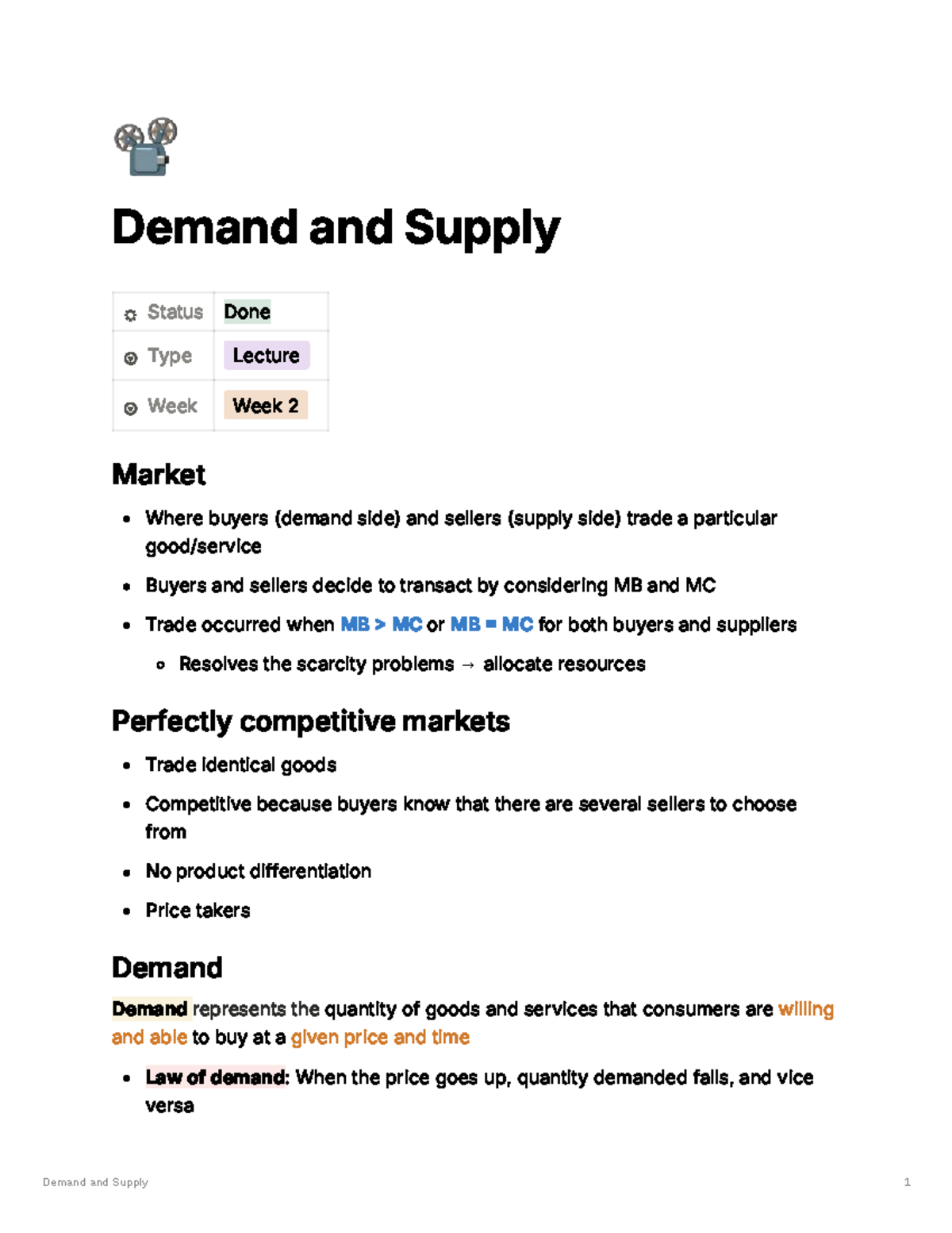 Demand and Supply Lecture Notes - Week 2 Analysis - Studocu