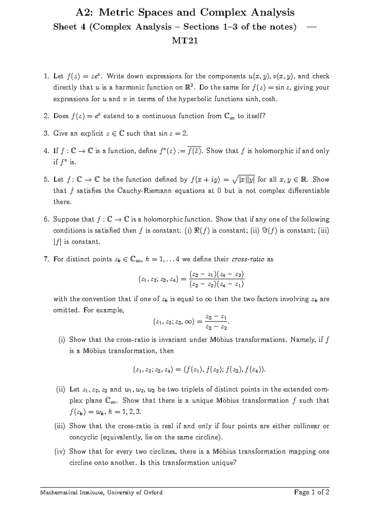 A2-2022-sheet 4 - Sheet 4 - A2: Metric Spaces and Complex Analysis Sheet 4 (Complex Analysis ...