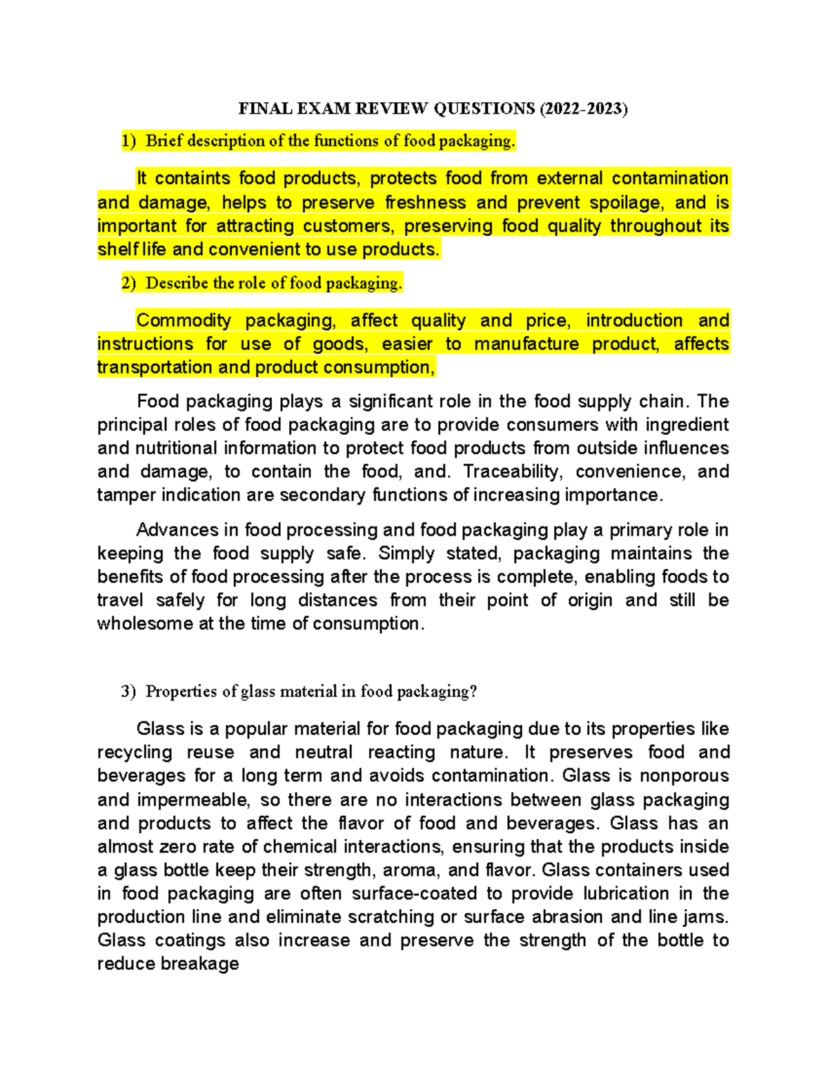 FINAL EXAM REVIEW: Food Packaging Functions & Materials (2022-2023 ...