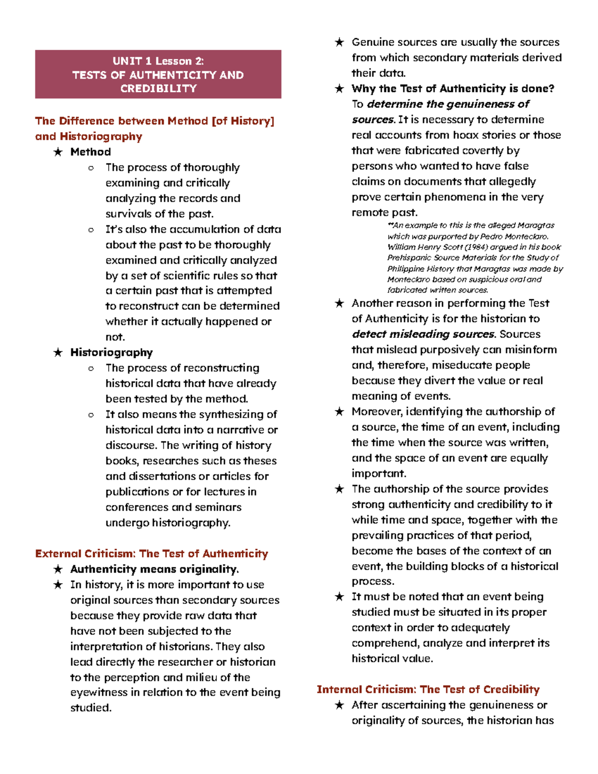 UNIT 1 Lesson 2: Tests of Authenticity & Credibility in History - Studocu