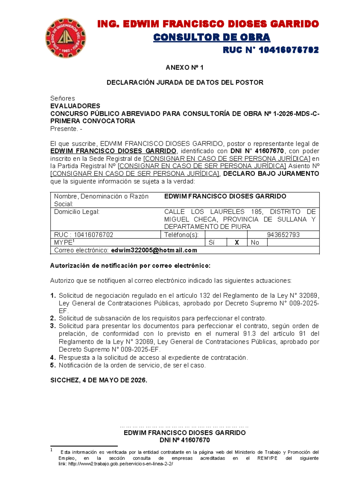 Anexo 1 y 2: Declaración Jurada y Pacto de Integridad - Consultoría de ...