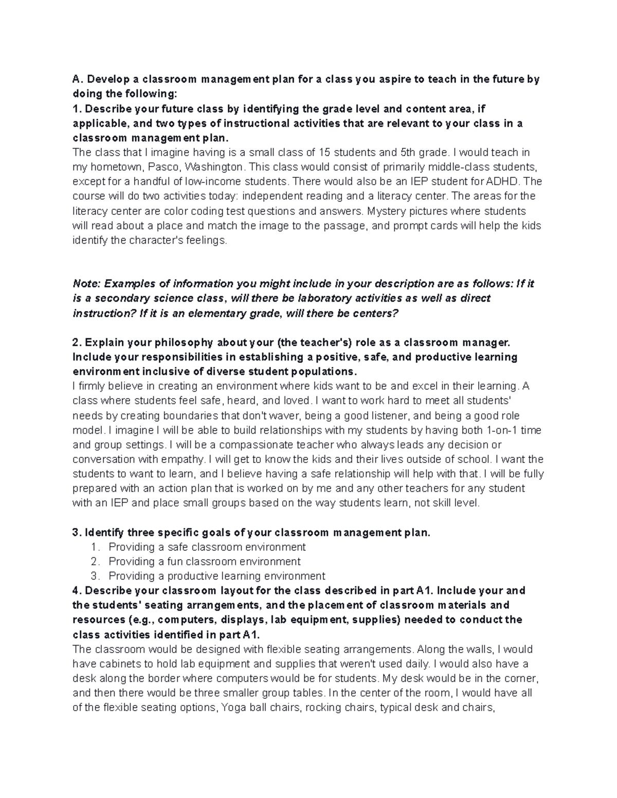 Task 1 D095 - Task 1 - **A. Develop a classroom management plan for a class you aspire to teach ...