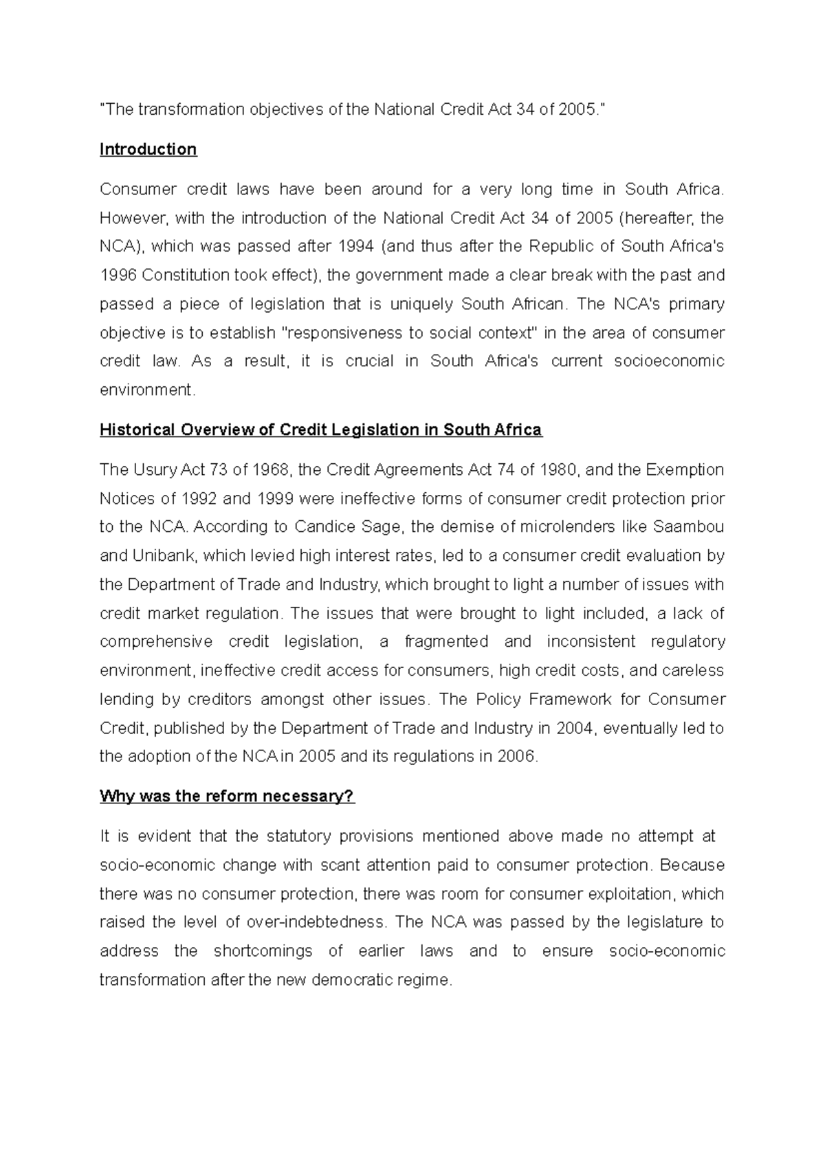The transformation objectives of the National Credit Act 34 of 2005 - ” Introduction Consumer ...