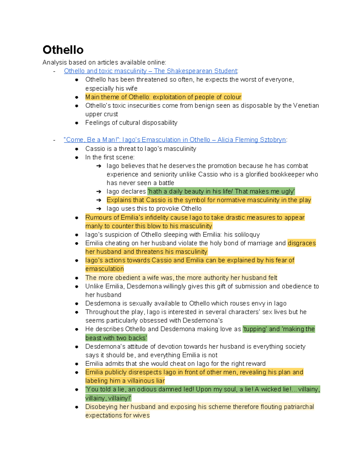 Othello Analysis: Toxic Masculinity Themes in Shakespeare's Play - Studocu