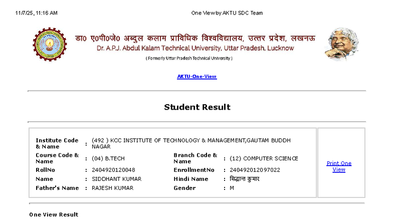 B.TECH (04) Sem 1 & 2 Result Marksheet - KCC Institute (492) - Studocu