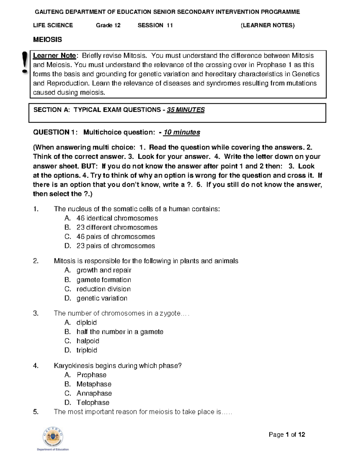 Life Science Grade 12 Session 11 Learner Notes on Meiosis - Studocu