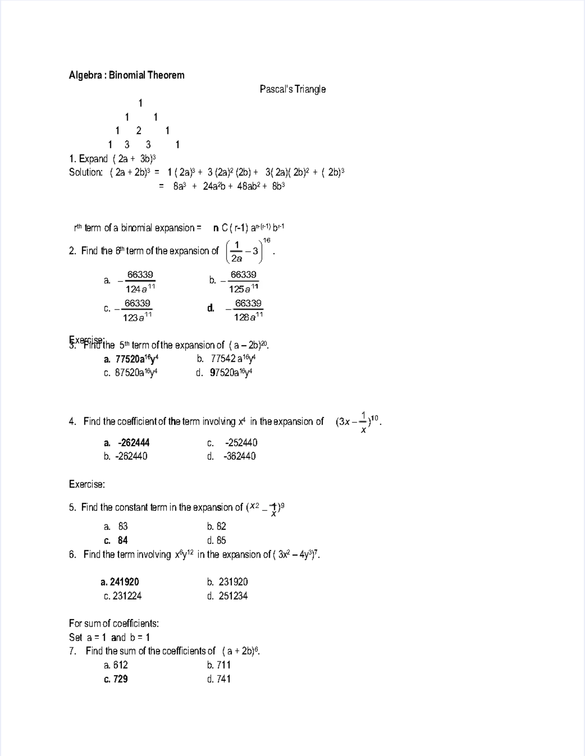 Algebra sample problems - Algebra : Binomial TheoremAlgebra : Binomial ...
