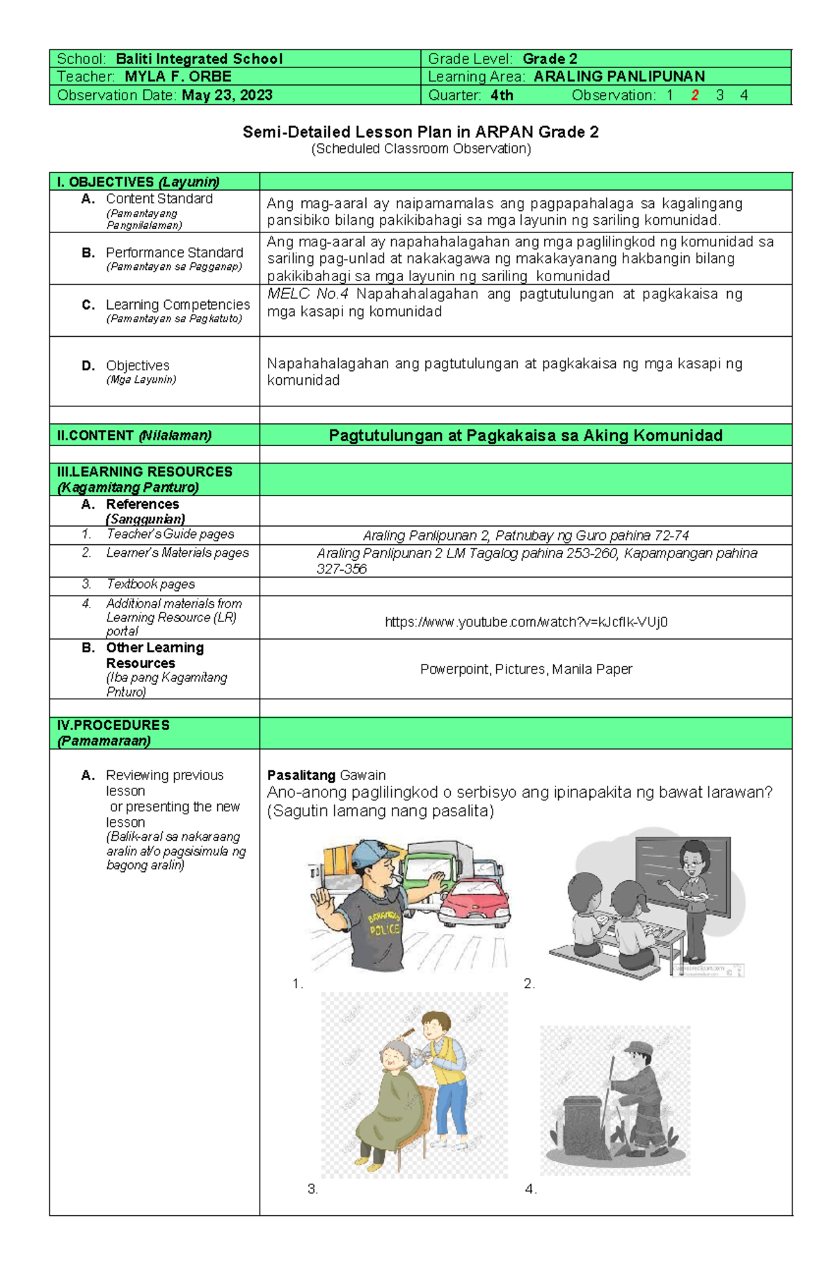 2022-2023 COT-2-DLP-Q4: Semi-Detailed Lesson Plan in ARPAN 2 - Studocu