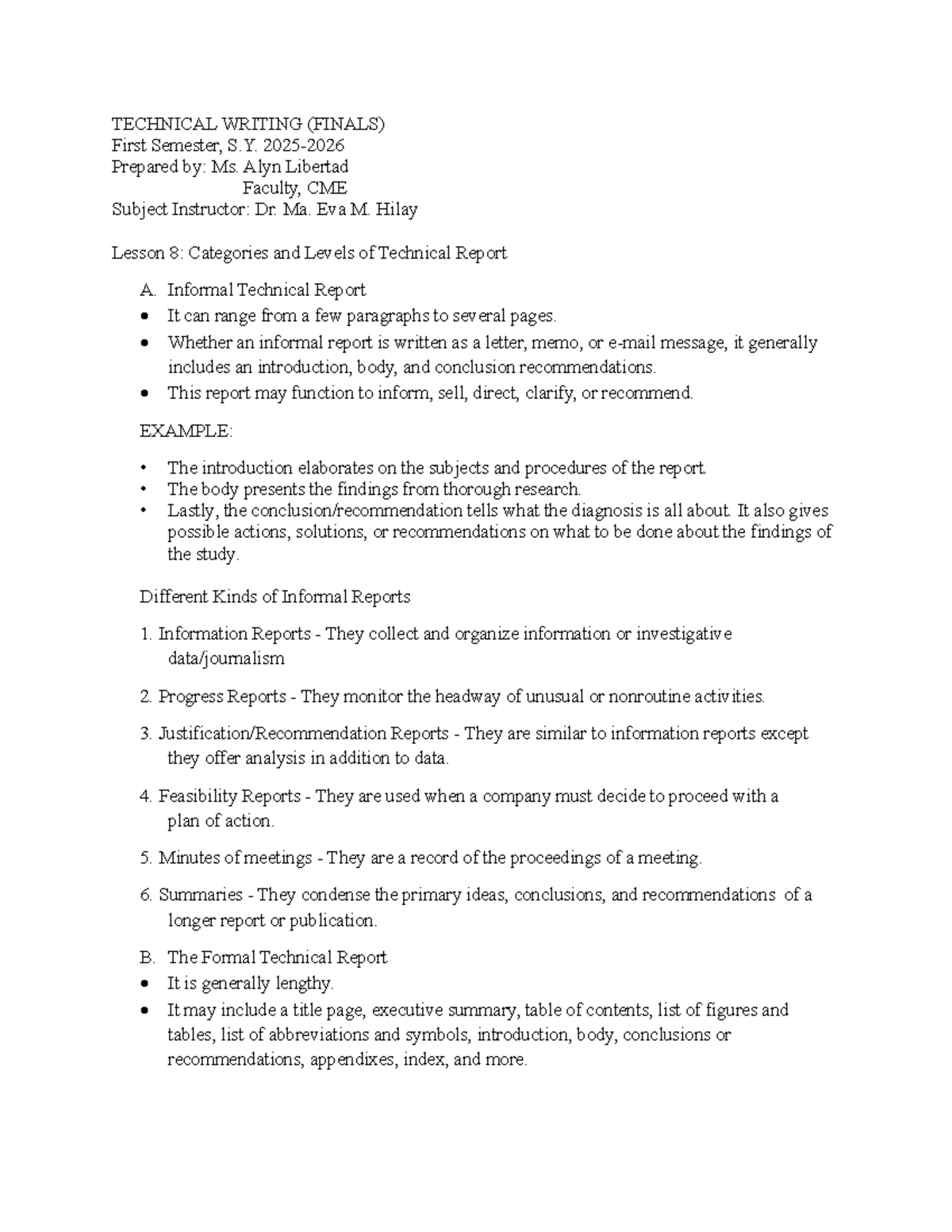 TECHNICAL WRITING (FINALS) Lesson 8: Categories of Technical Reports ...