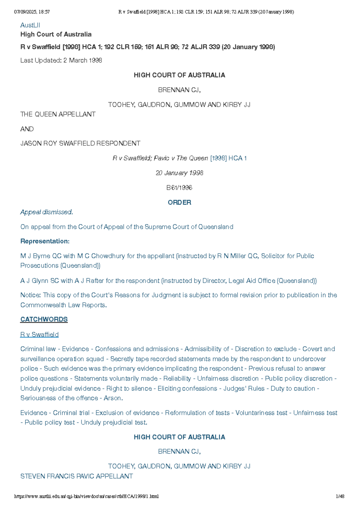 R v Swaffield [1998] HCA 1: Confession Admissibility & Fairness Issues ...
