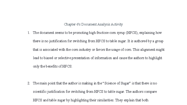 Chapter 6 - Analysis of HFCS vs. Table Sugar - Studocu