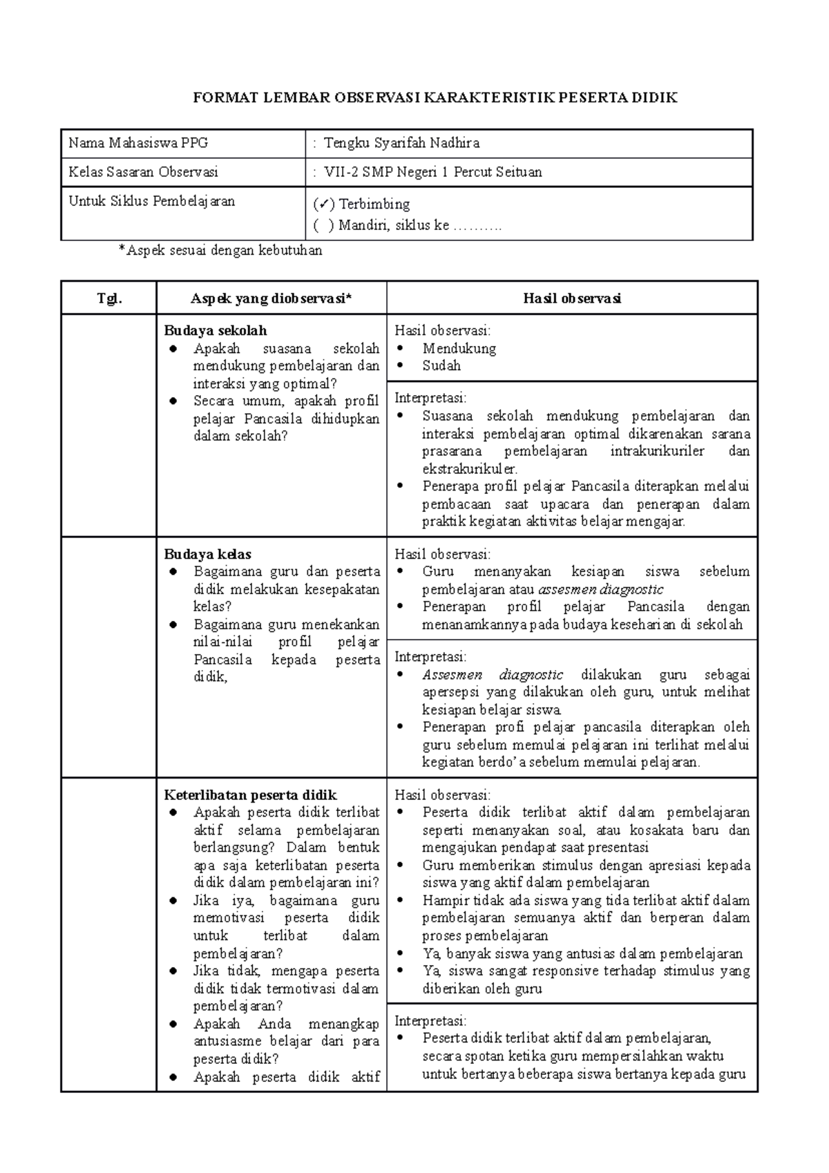 Format Observasi Karakteristik Peserta Didik - PPG VII-2 SMP - Studocu