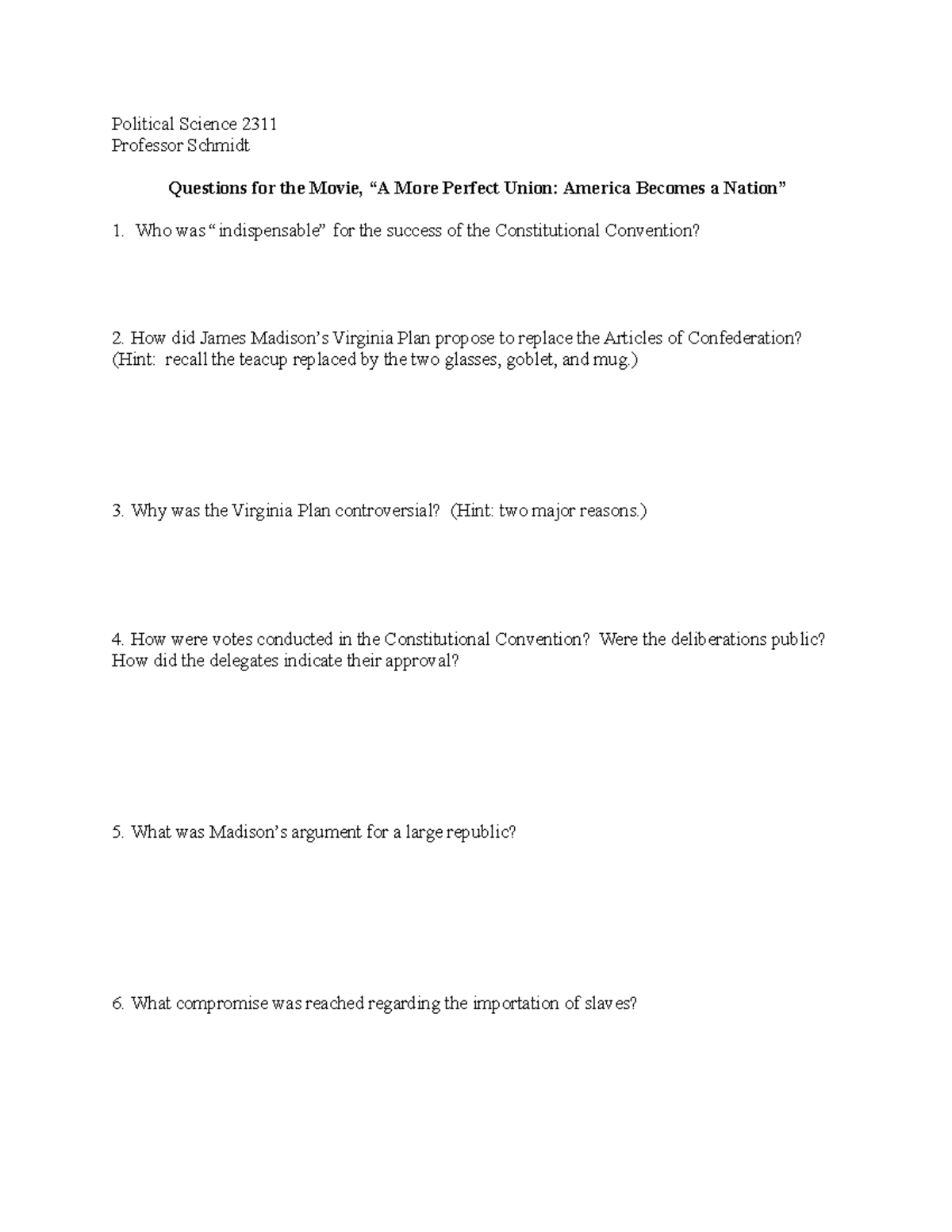 1 More Perfect Union-Movie - Political Science 2311 Professor Schmidt ...