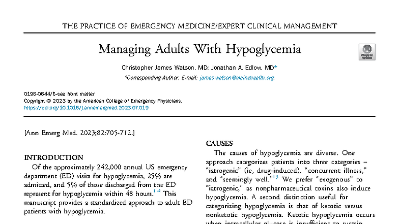 Emergency Clinical Management of Adults With Hypoglycemia (EM 2023 ...