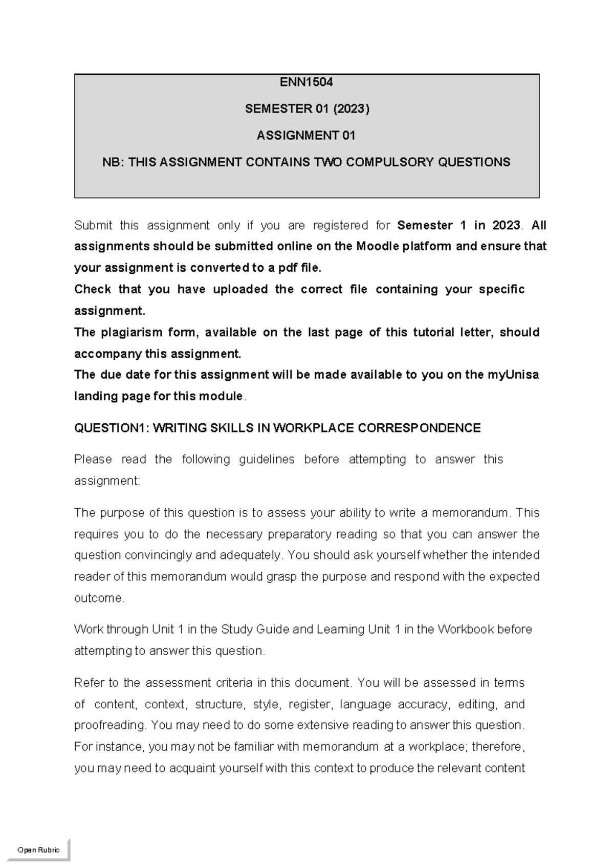 ENN1504 Assignment 1 Writing Skills & Procurement Issues - S1 2023 ...