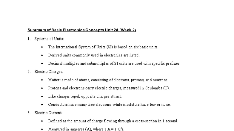 Summary of Basic Electronics Concepts (Unit 2A) - Studocu