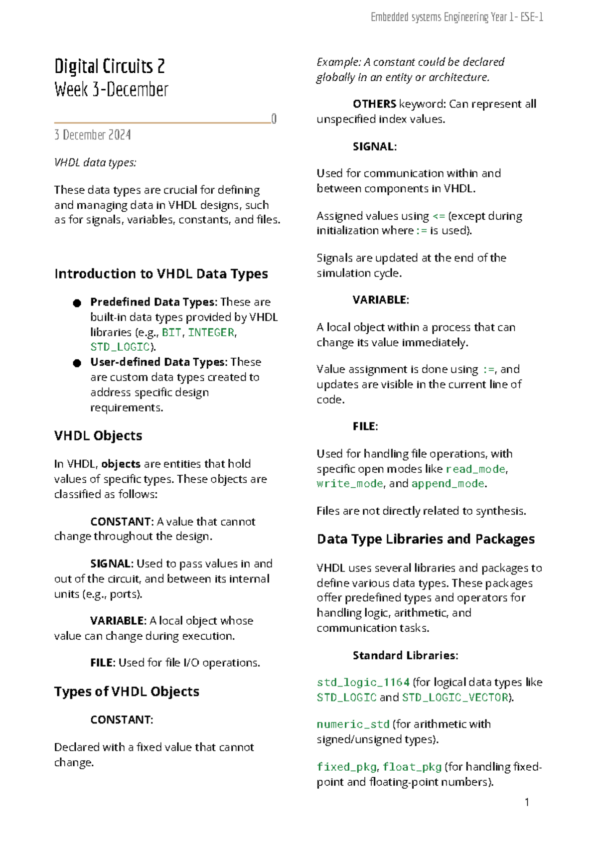 DIG2-Wk3 - Intro to VHDL Data Types & Objects Overview - Studeersnel