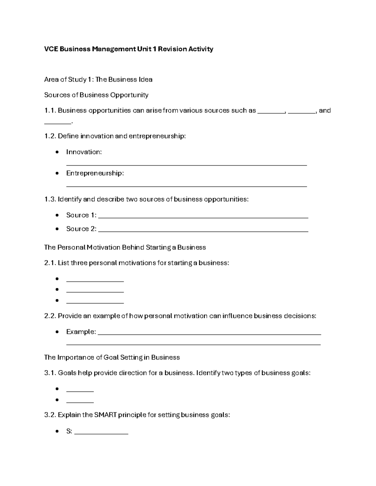 VCE Business Management Unit 1 Revision Activity - Define innovation ...