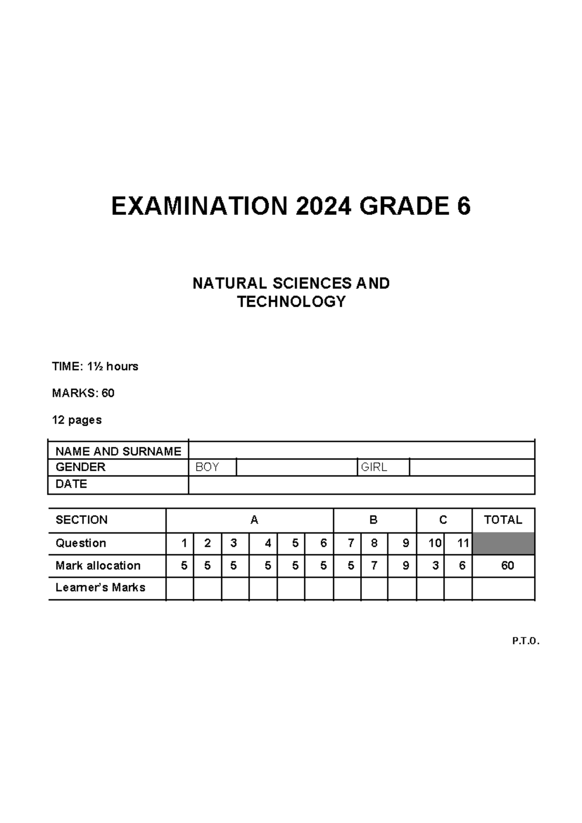 Gr 6 NST (English) 2024 Exam Question Paper: Natural Sciences & Tech ...