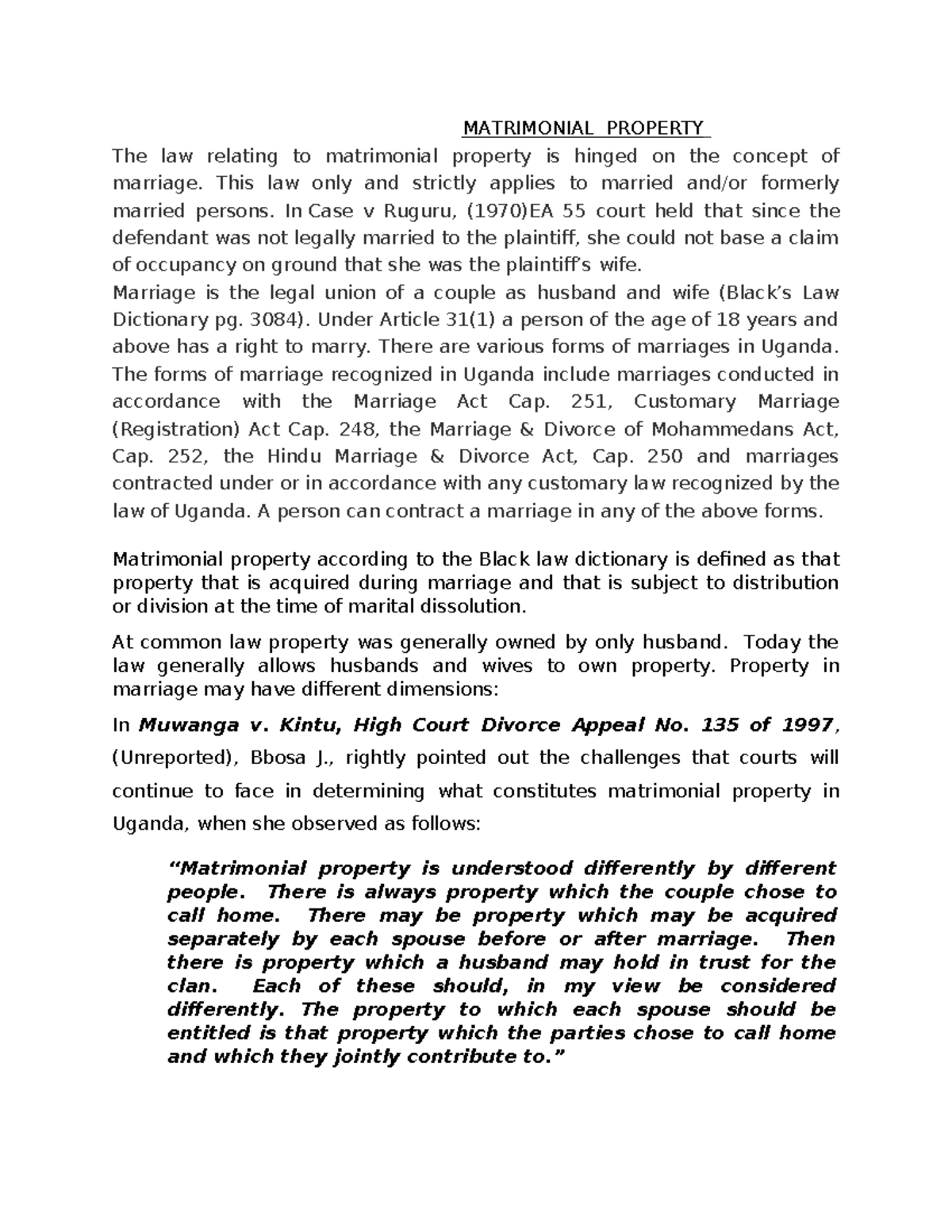 MATRIMONIAL PROPERTY IN UGANDA: Legal Framework & Case Law Analysis ...