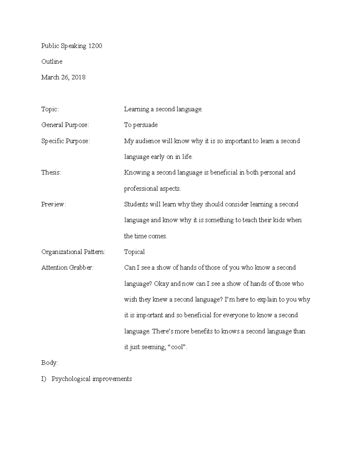 Persuasive Speech outline - Public Speaking 1200 Outline March 26, 2018 ...