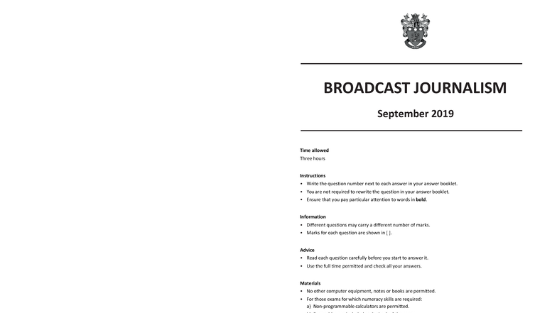 BROADCAST JOURNALISM Exam Instructions - September 2019 - Studocu
