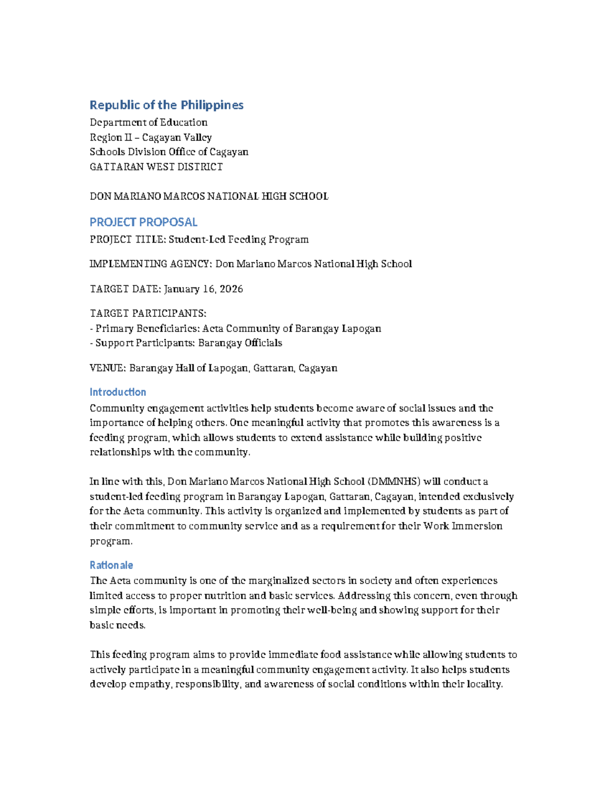 DMMNHS Project Proposal: Feeding Program for Aeta Community - Studocu