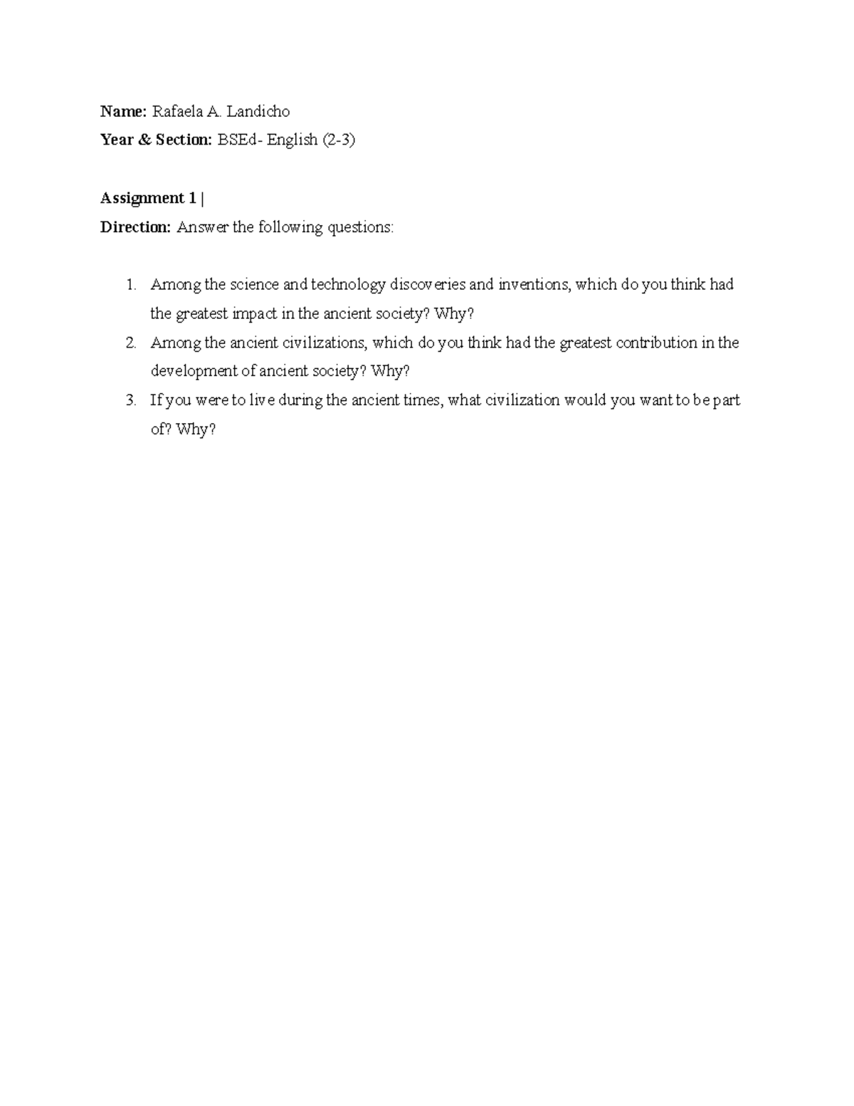 BSEd-Eng 2-3 Assignment 1: Impact of Ancient Civilizations - Studocu