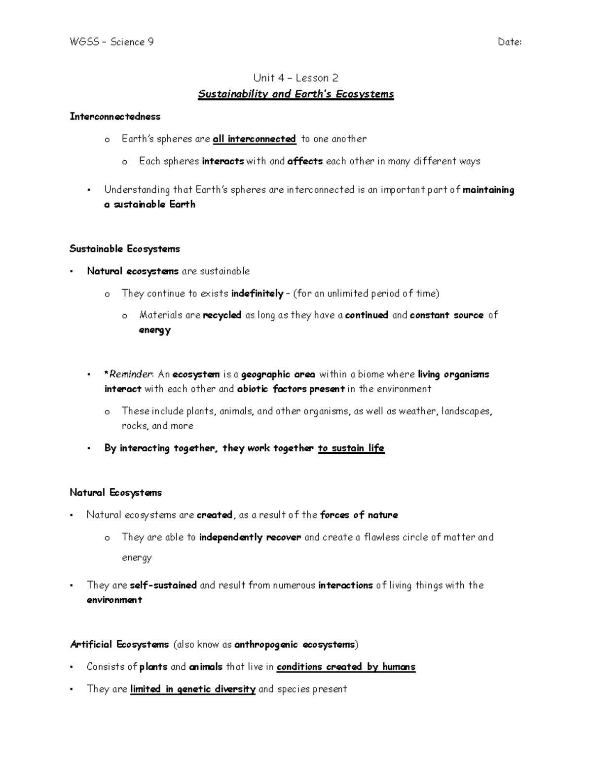 WGSS Science 9 - Unit 4 Lesson 2: Sustainability & Ecosystem Interconnectedness - Studocu