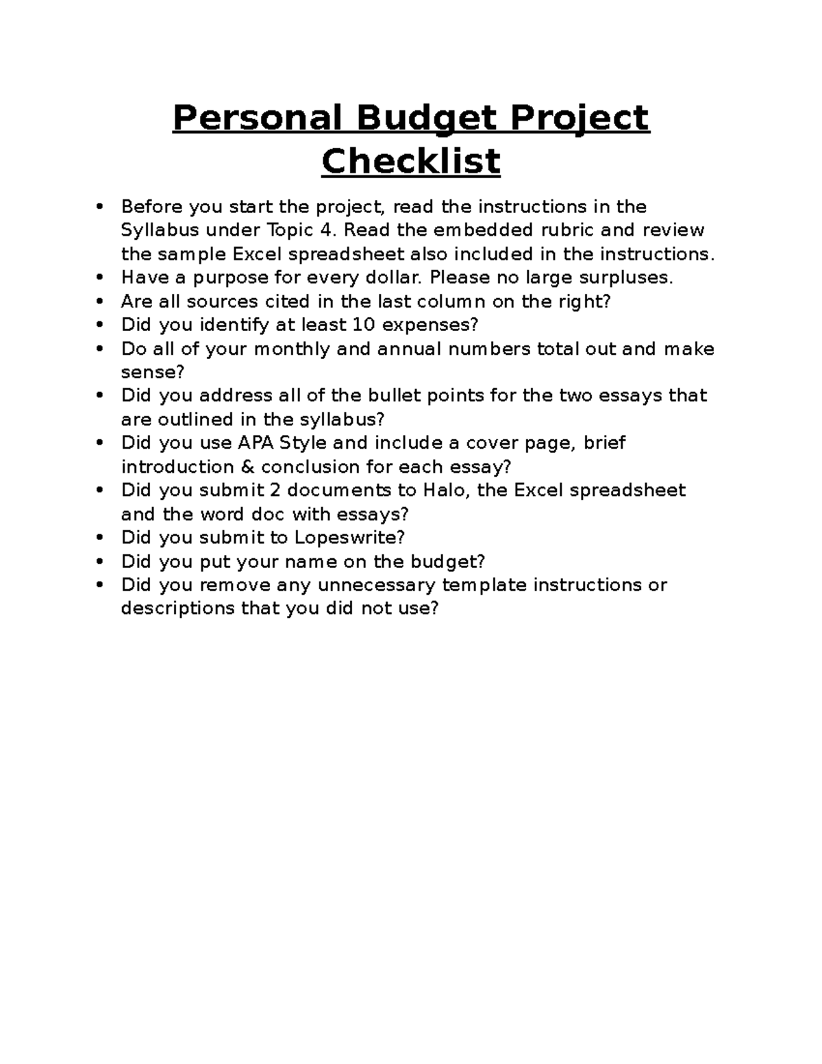 Personal Budget Project Checklist: Guidelines & Requirements - Studocu