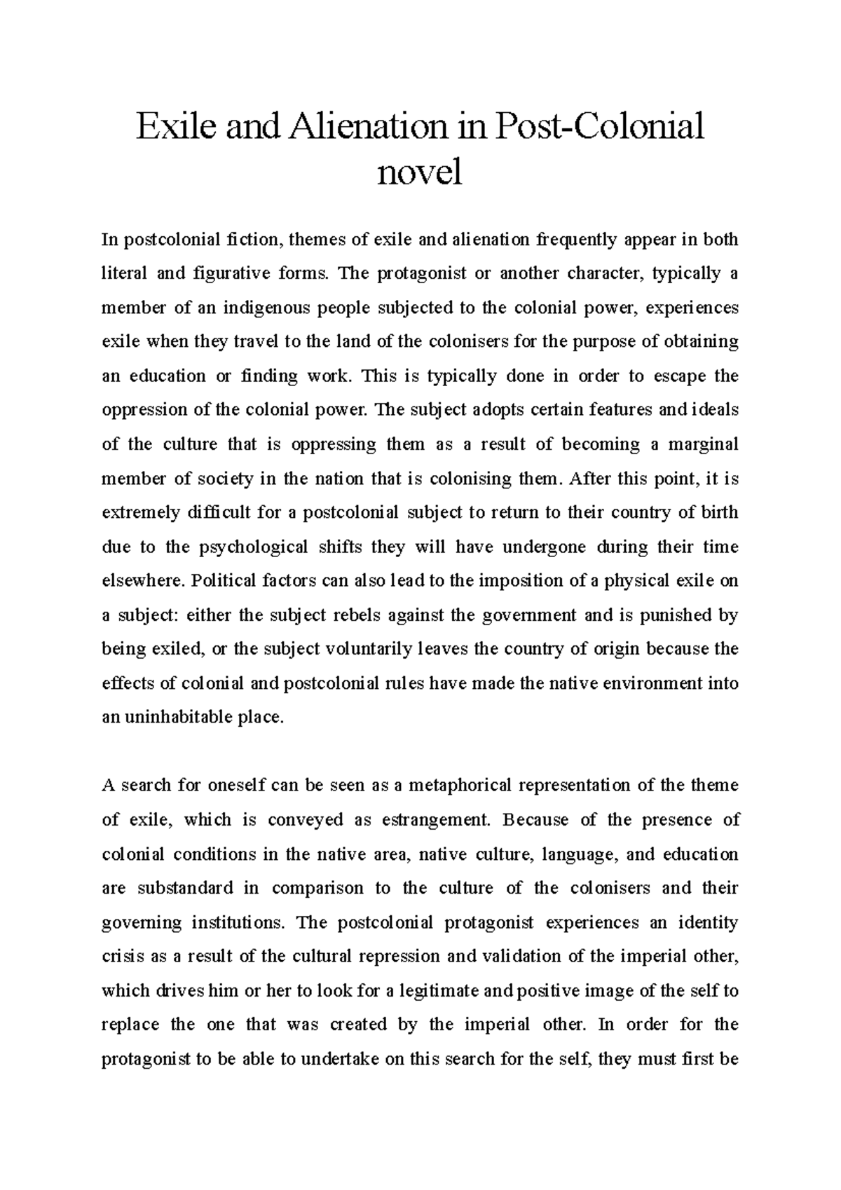 Exile and Alienation Themes in Post-Colonial Literature Analysis - Studocu