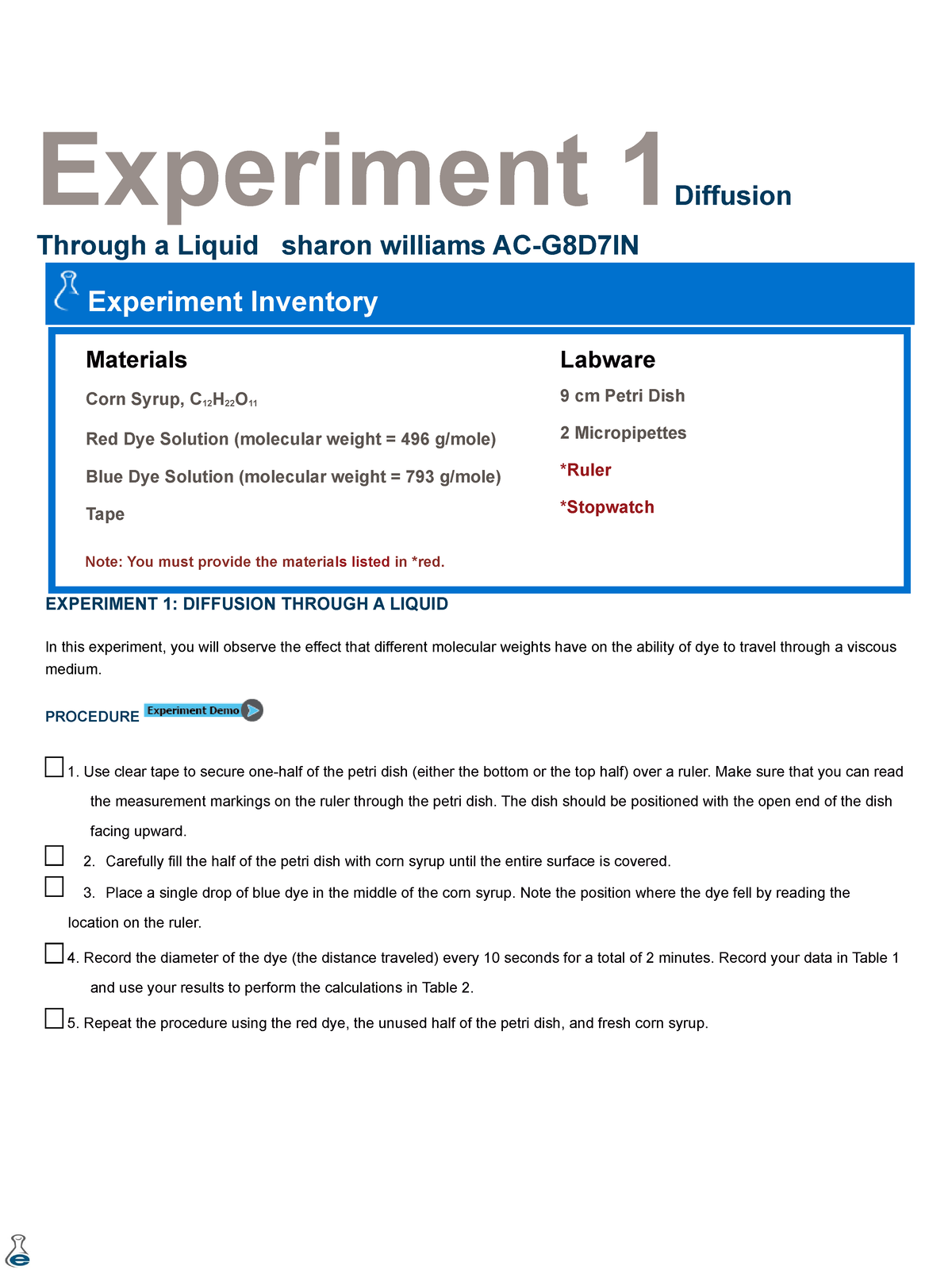 Experiment 1: Diffusion Through a Liquid - Worksheet by Sharon Williams - Studocu